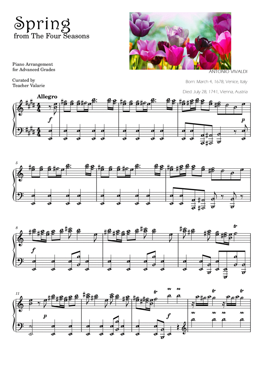 Spring, from The Four Seasons VIVALDI Piano Sheet Self Learning Series ...