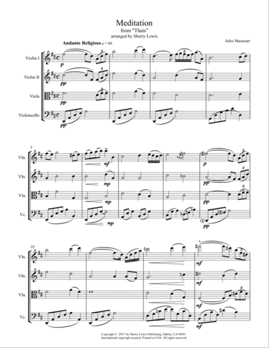 MEDITATION from Thais, String Quartet, Intermediate Level for 2 violins ...