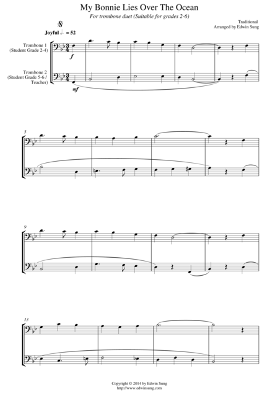 My Bonnie Lies Over The Ocean (for trombone duet, suitable for grades 2 ...