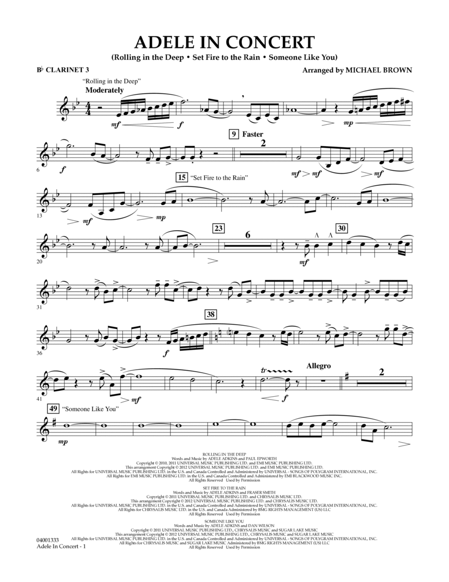 Adele In Concert - Bb Clarinet 3 by Michael Brown - Concert Band - Digital Sheet Music | Sheet ...