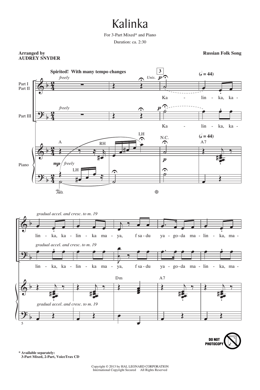 Kalinka (Little Snowball Bush) by Russian Folk Song - 3-Part - Digital ...