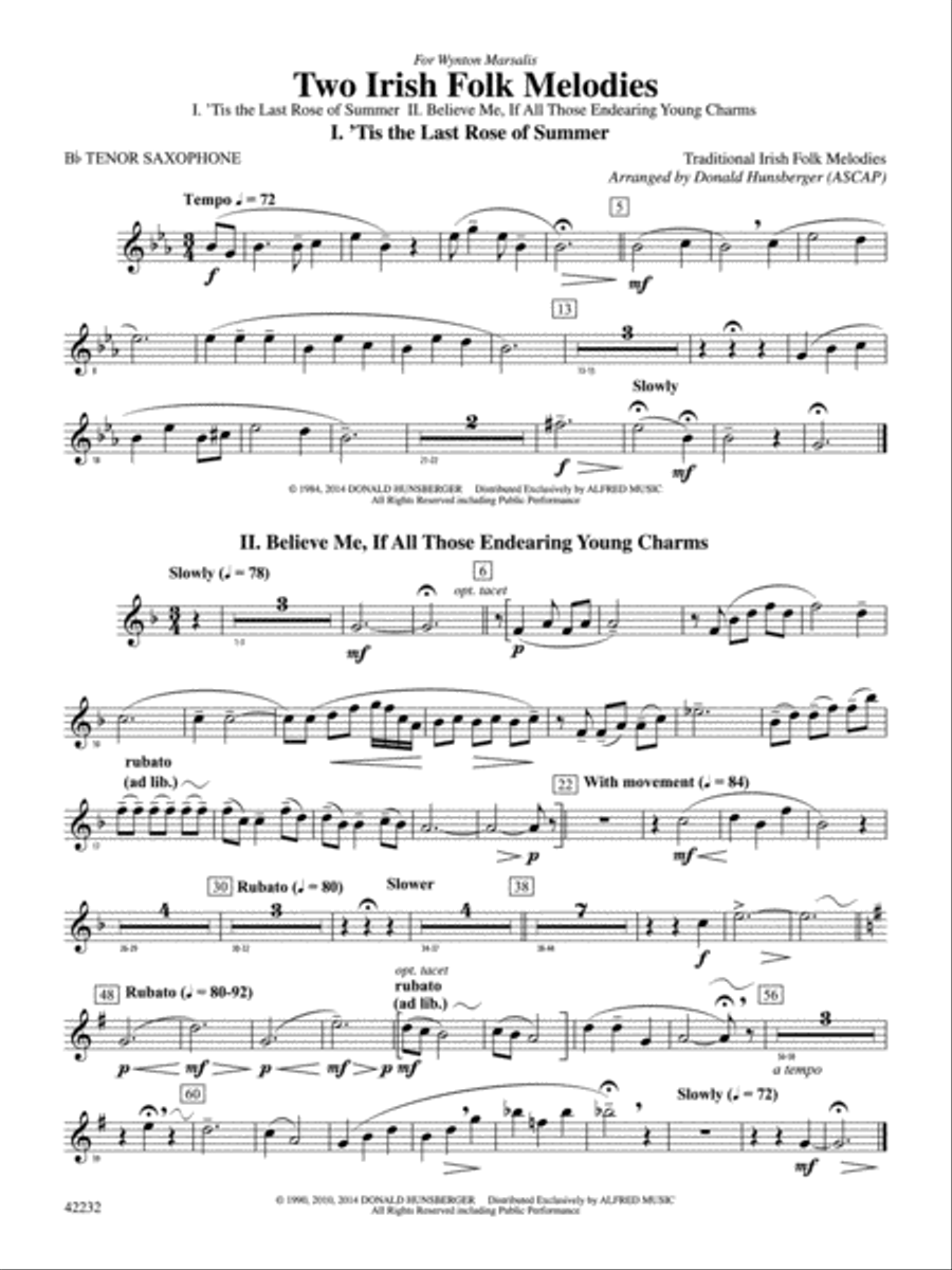 Two Irish Folk Melodies B Flat Tenor Saxophone By Donald Hunsberger