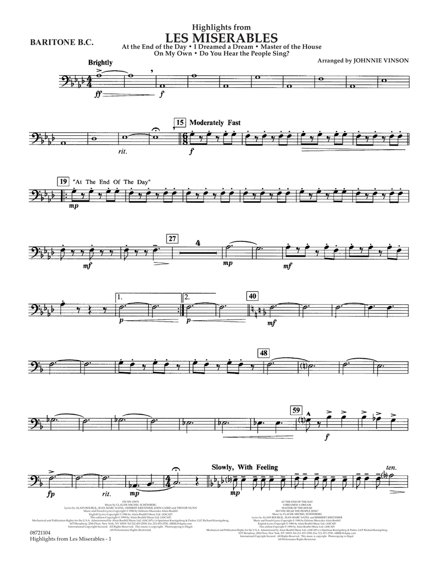 Highlights From Les Misérables Arr Johnnie Vinson Baritone Bc By