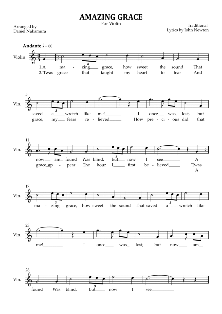Amazing Grace For Violin Solo By John Newton Violin Solo Digital