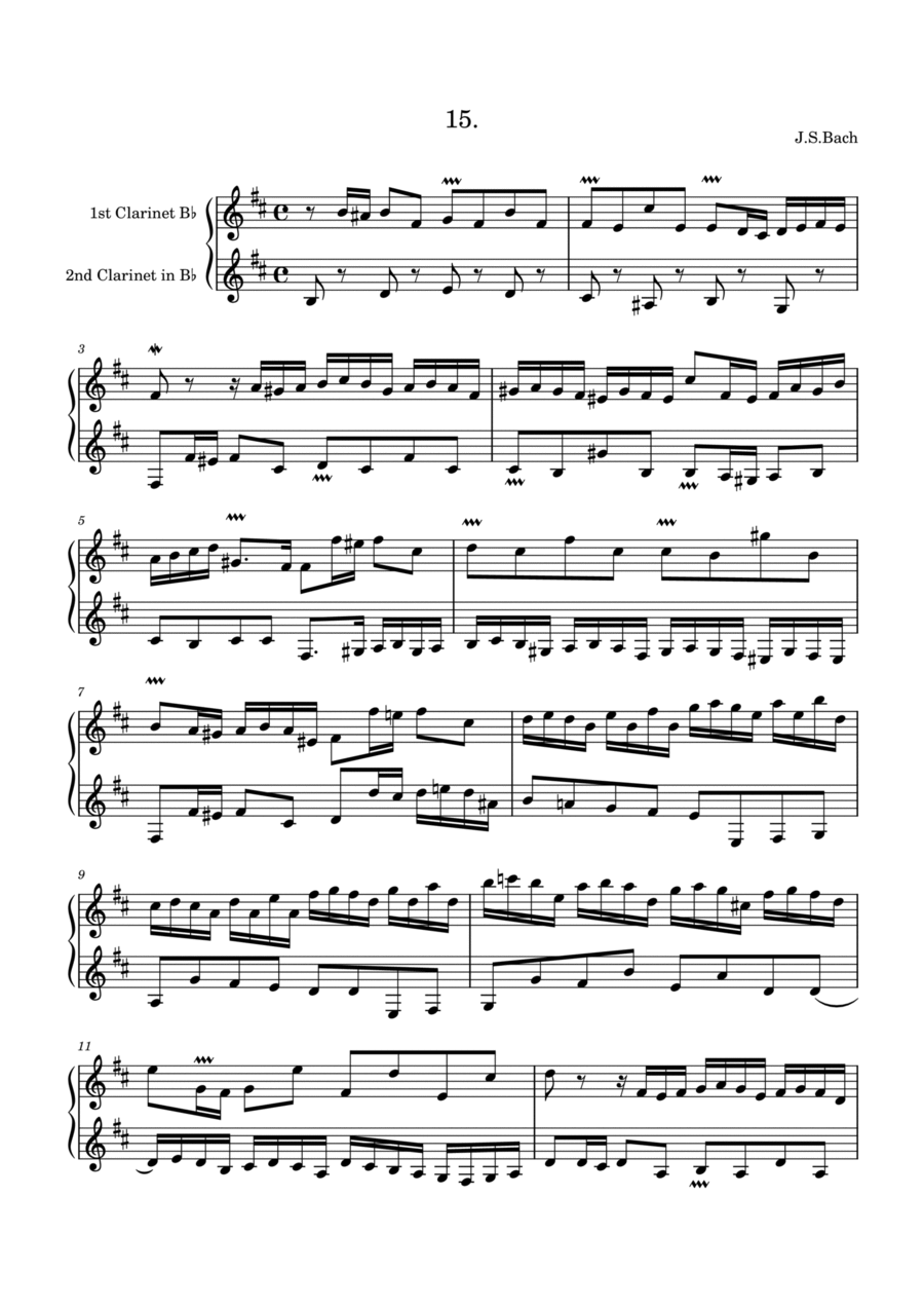 Bach Invention 15 For Two Clarinets By Johann Sebastian Bach