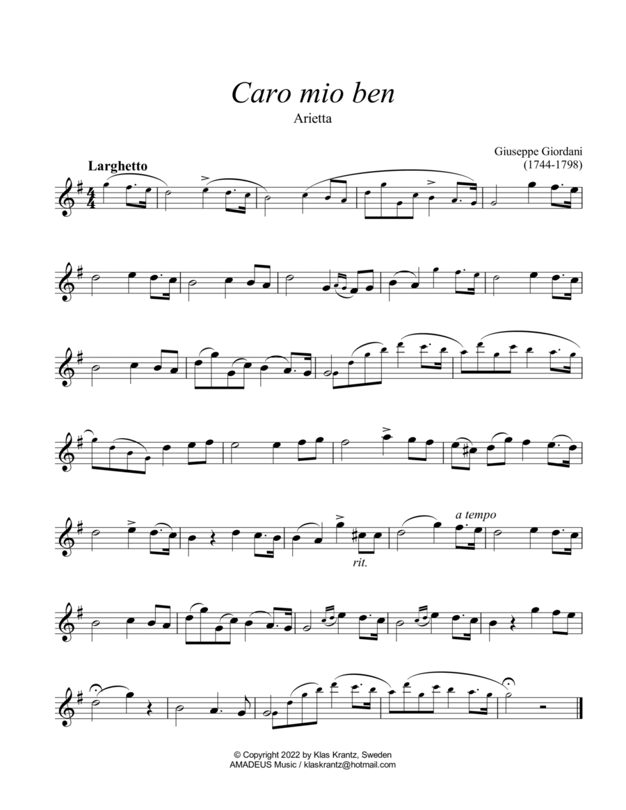 Caro mio ben (lead sheet) by Giuseppe Giordani - Piano - Digital Sheet ...