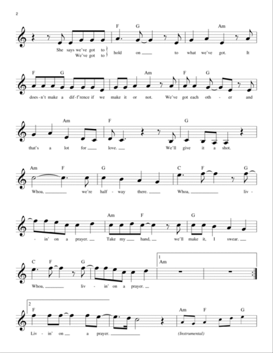 Livin On A Prayer By Bon Jovi Piano Digital Sheet Music Sheet