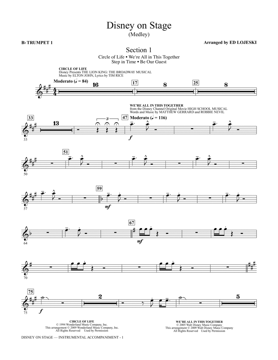 Disney On Stage (Medley) - Bb Trumpet 1 by Ed Lojeski - Choir, B-Flat ...