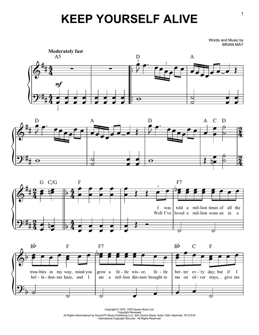 Keep Yourself Alive by Queen - Easy Piano - Digital Sheet Music | Sheet ...