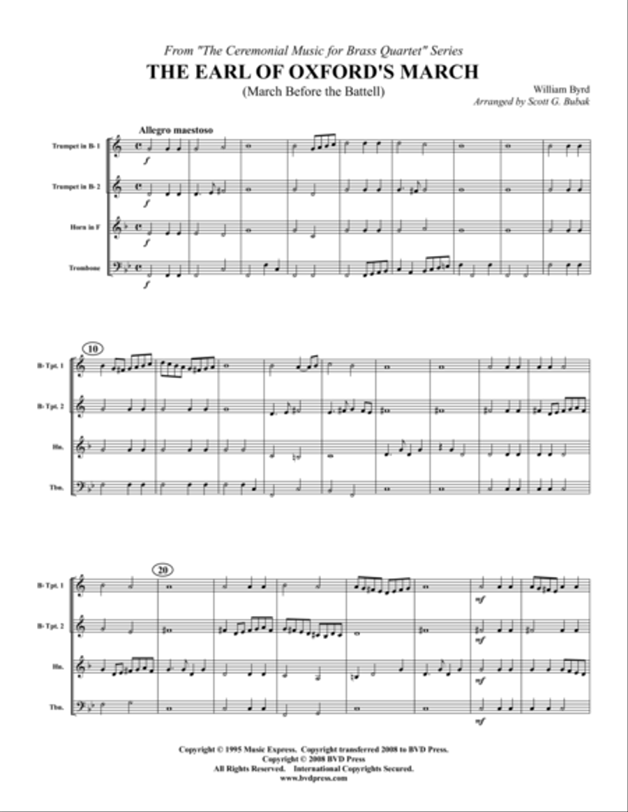 Earl of Oxford's March by William Byrd - Brass Quartet - Digital Sheet ...