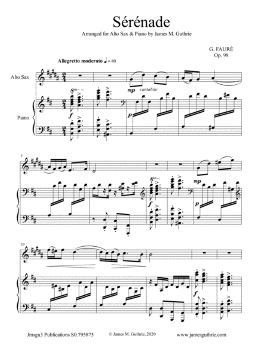 Fauré Sérénade Op 98 For Alto Sax And Piano By Gabriel Faure Alto
