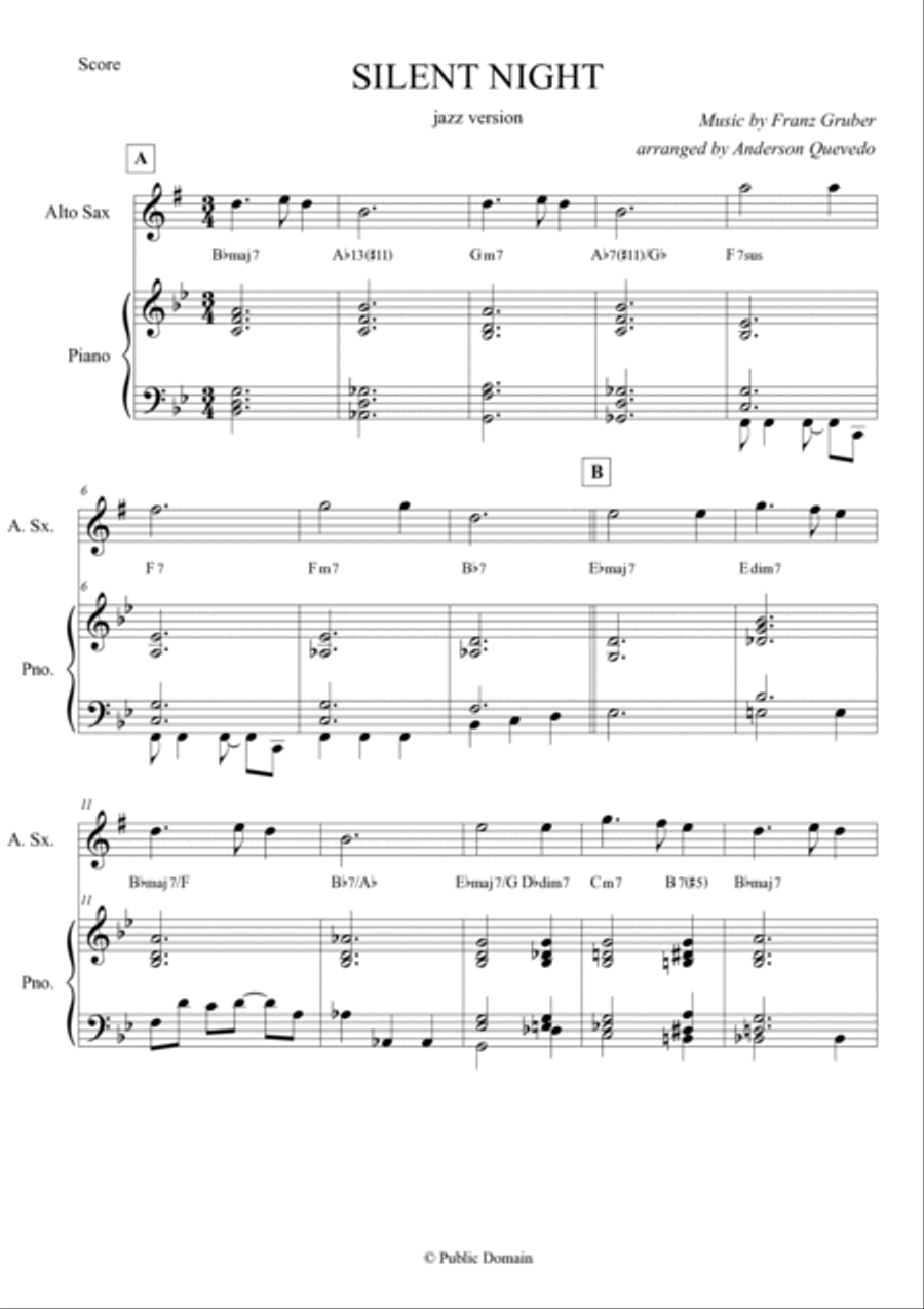 Silent Night By Franz Gruber For Alto Sax Piano Jazz Duets Series By