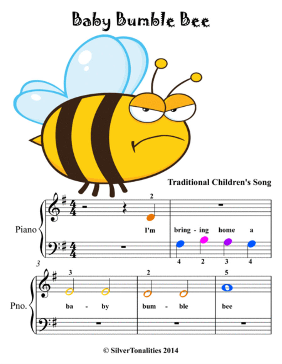 Baby Bumble Bee Beginner Piano Sheet Music with Colored Notation by ...