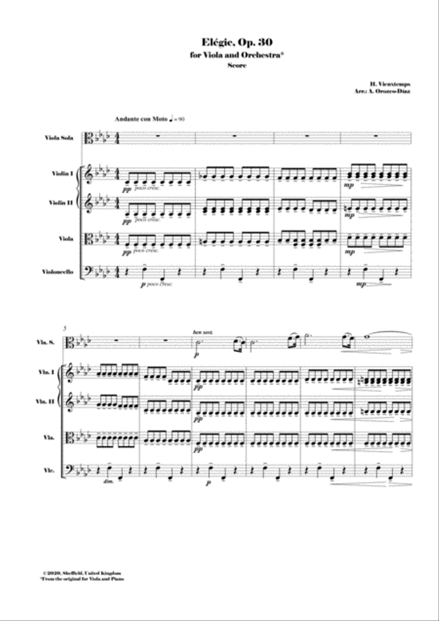 Vieuxtemps - Elégie for Viola and String Quartet, Op. 30 SCORE by Henri ...