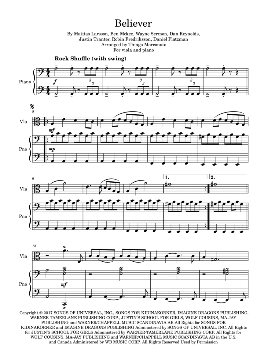Believer by Imagine Dragons - Piano, Viola - Digital Sheet Music ...