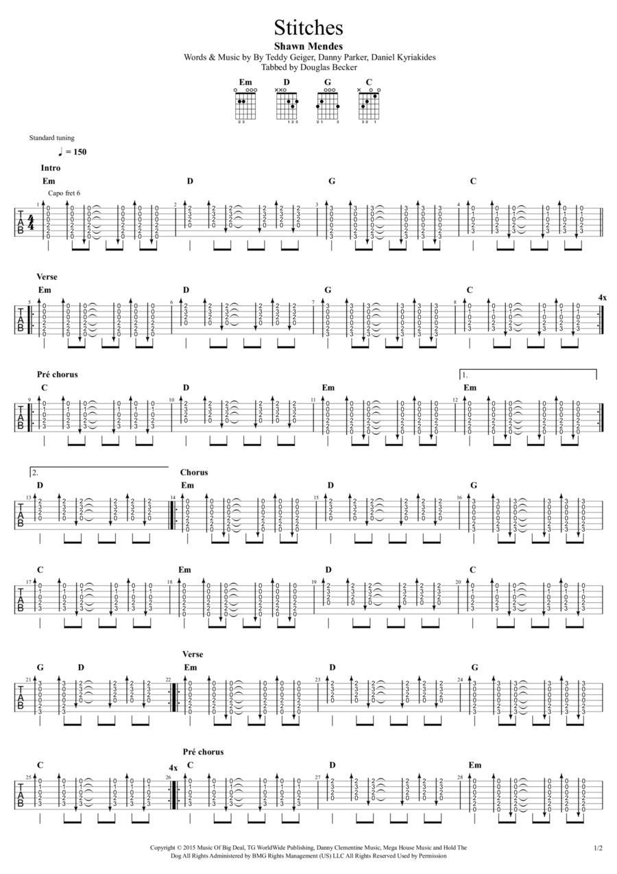 Stitches by Shawn Mendes - Electric Guitar, Guitar Tablature - Digital ...