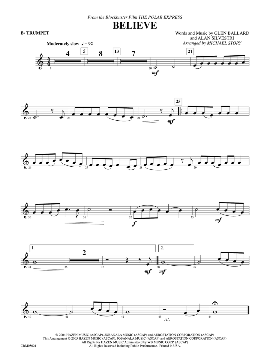 Believe (from The Polar Express): 1st B-flat Trumpet by Michael Story ...
