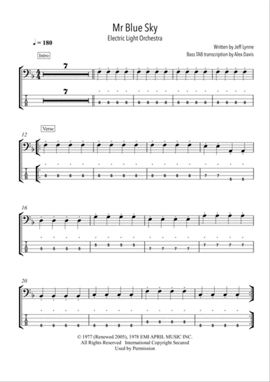 Mr. Blue Sky by Electric Light Orchestra - Bass Guitar - Digital Sheet ...