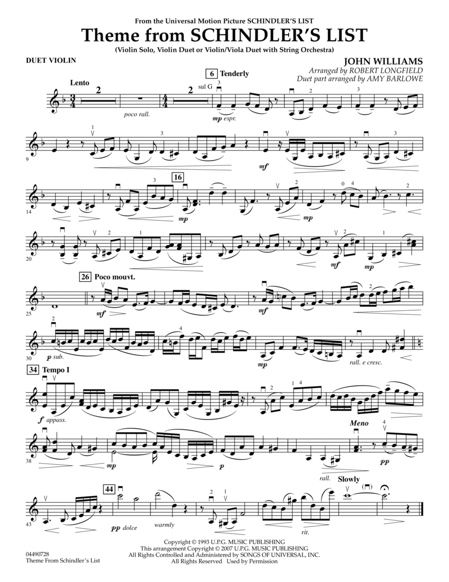 Theme From Schindlers List Duet Violin By John Williams Orchestra