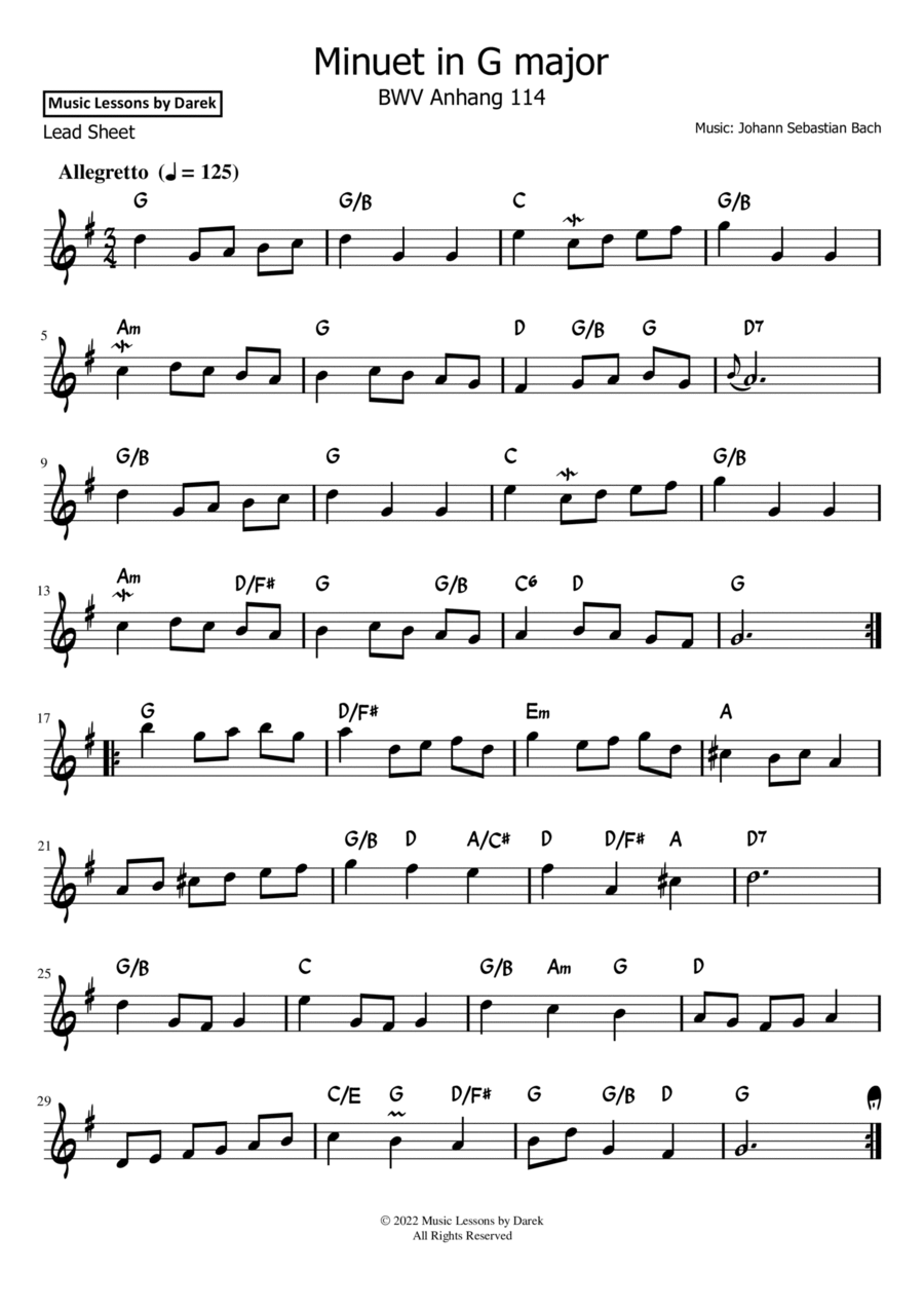 Minuet In G Major Lead Sheet Bwv Anhang 114 [johann Sebastian Bach
