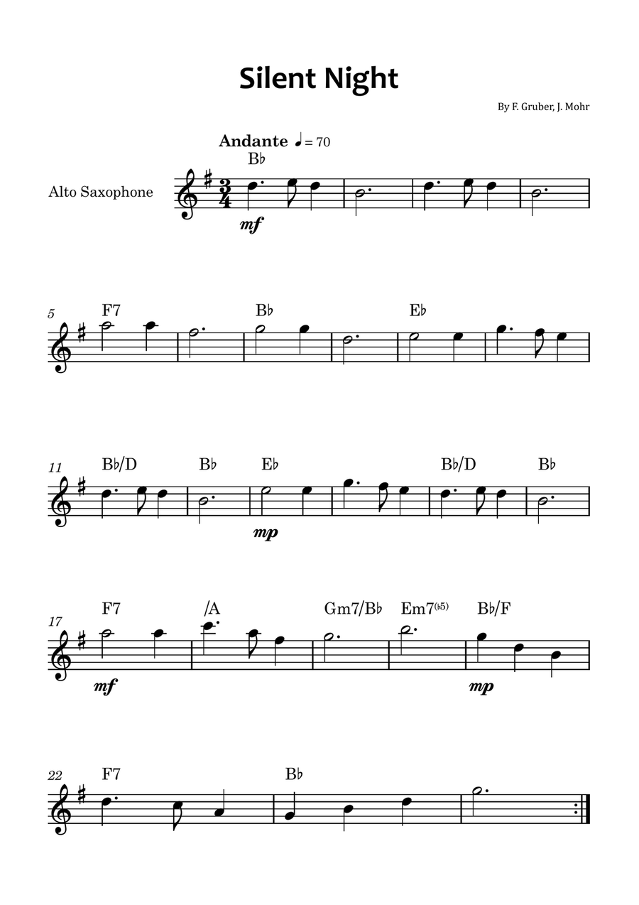 Silent Night Alto Saxophone Solo With Chord Symbols By Franz Xaver