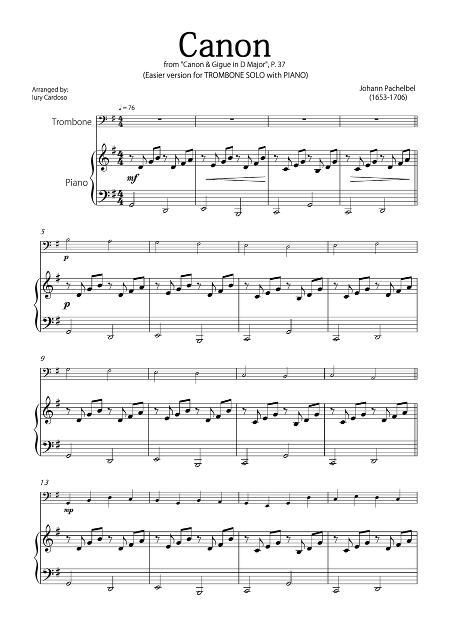 "Canon" by Pachelbel - EASY version for TROMBONE SOLO with PIANO by ...