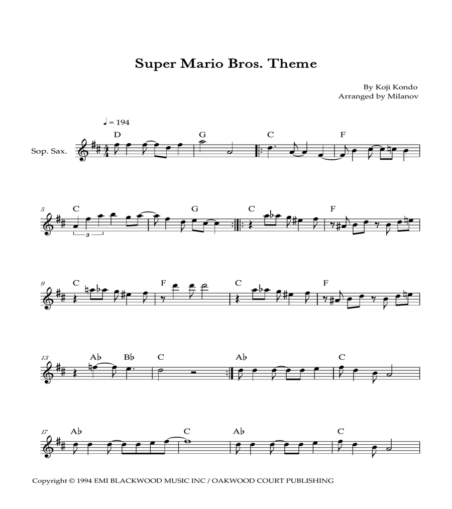 Super Mario Bros Theme - Soprano Saxophone - Digital Sheet Music ...