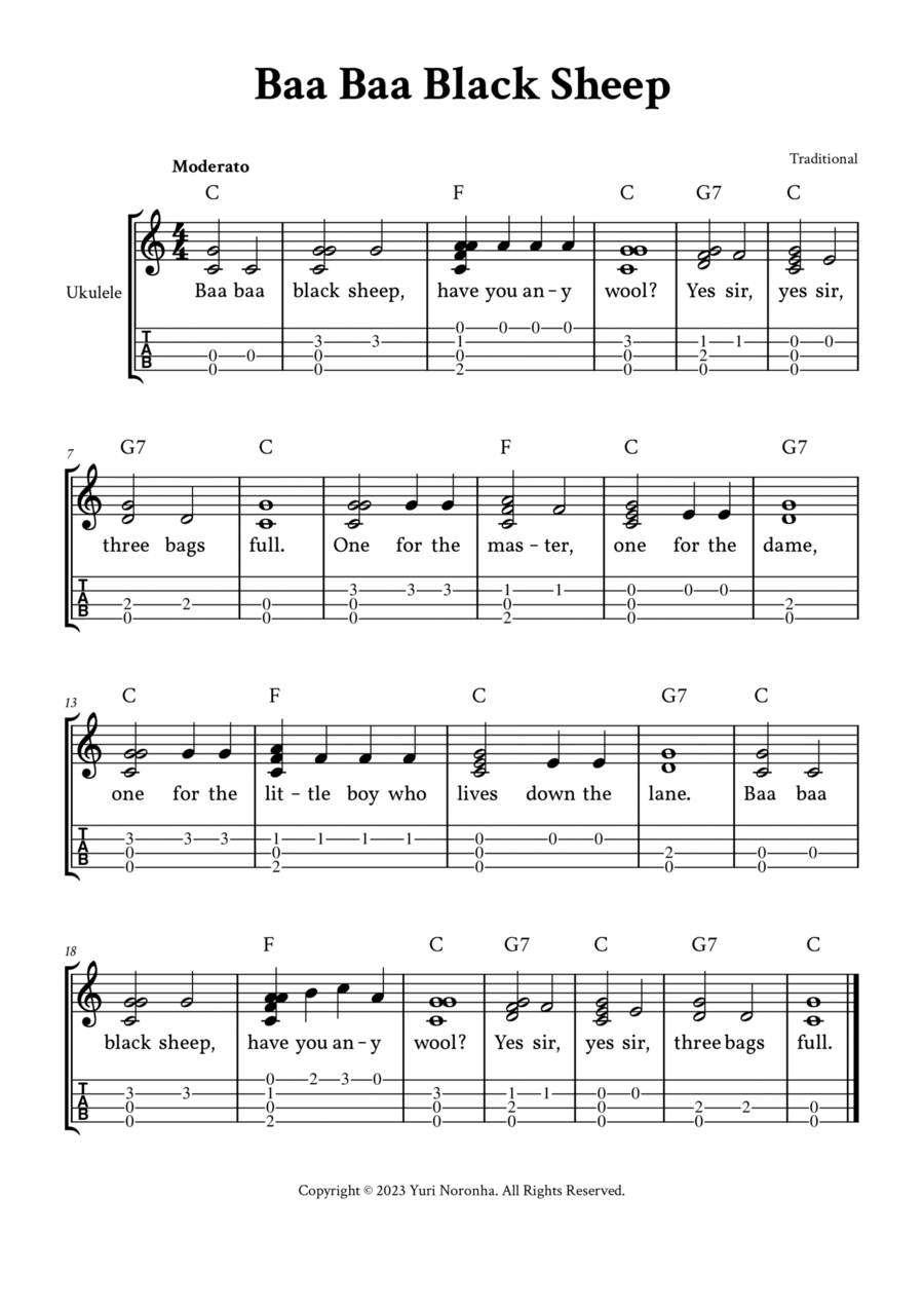 Baa Baa Black Sheep - Fingerstyle Ukulele (with TAB and Lyrics) by ...