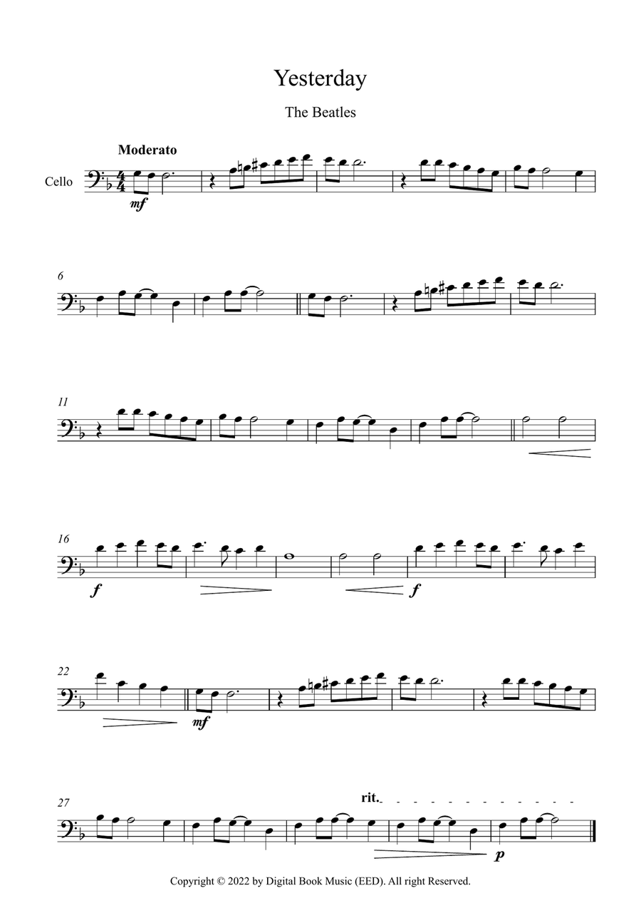 Yesterday by The Beatles - Cello Solo - Beginning Digital Sheet Music ...