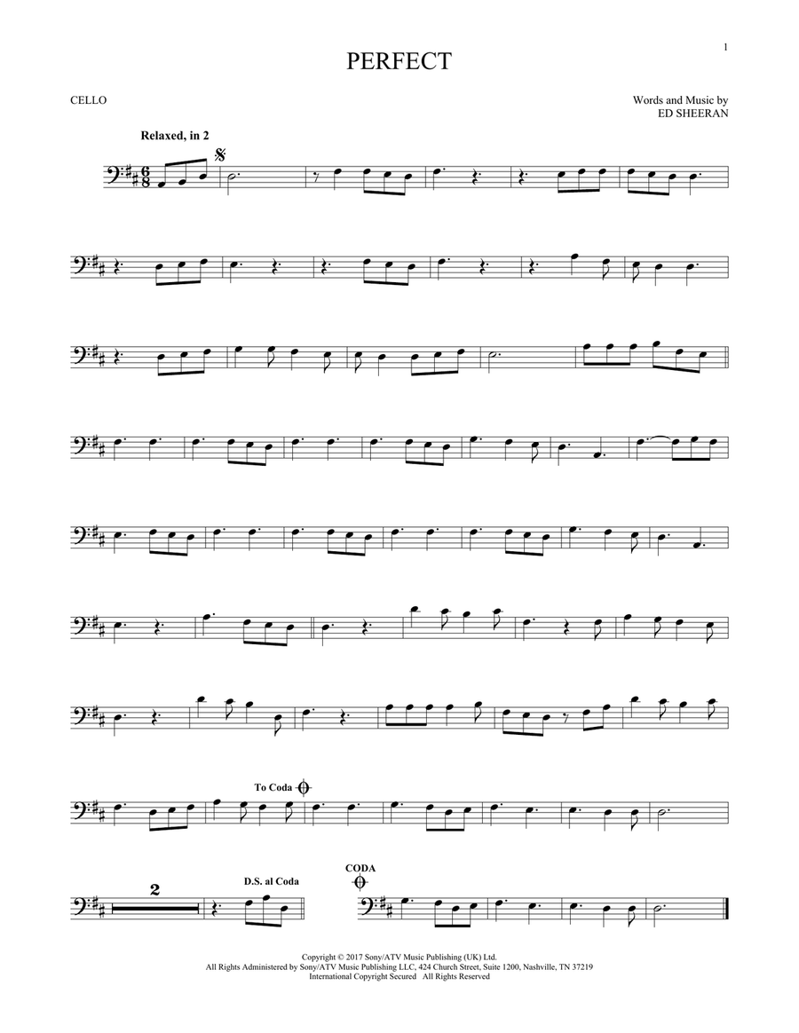 Perfect By Ed Sheeran Cello Solo Digital Sheet Music Sheet Music Plus