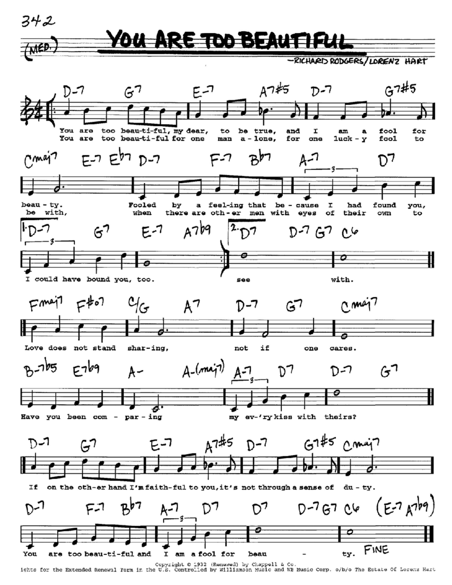 You Are Too Beautiful By Rodgers And Hart Voice Digital Sheet Music