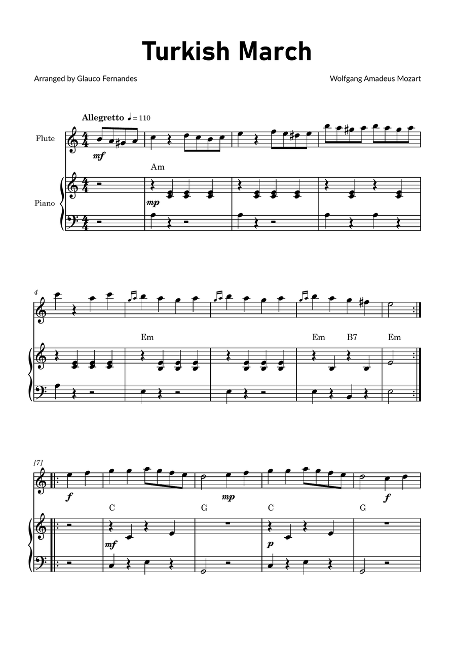 Turkish March by Mozart - Flute and Piano with Chord Notations by ...