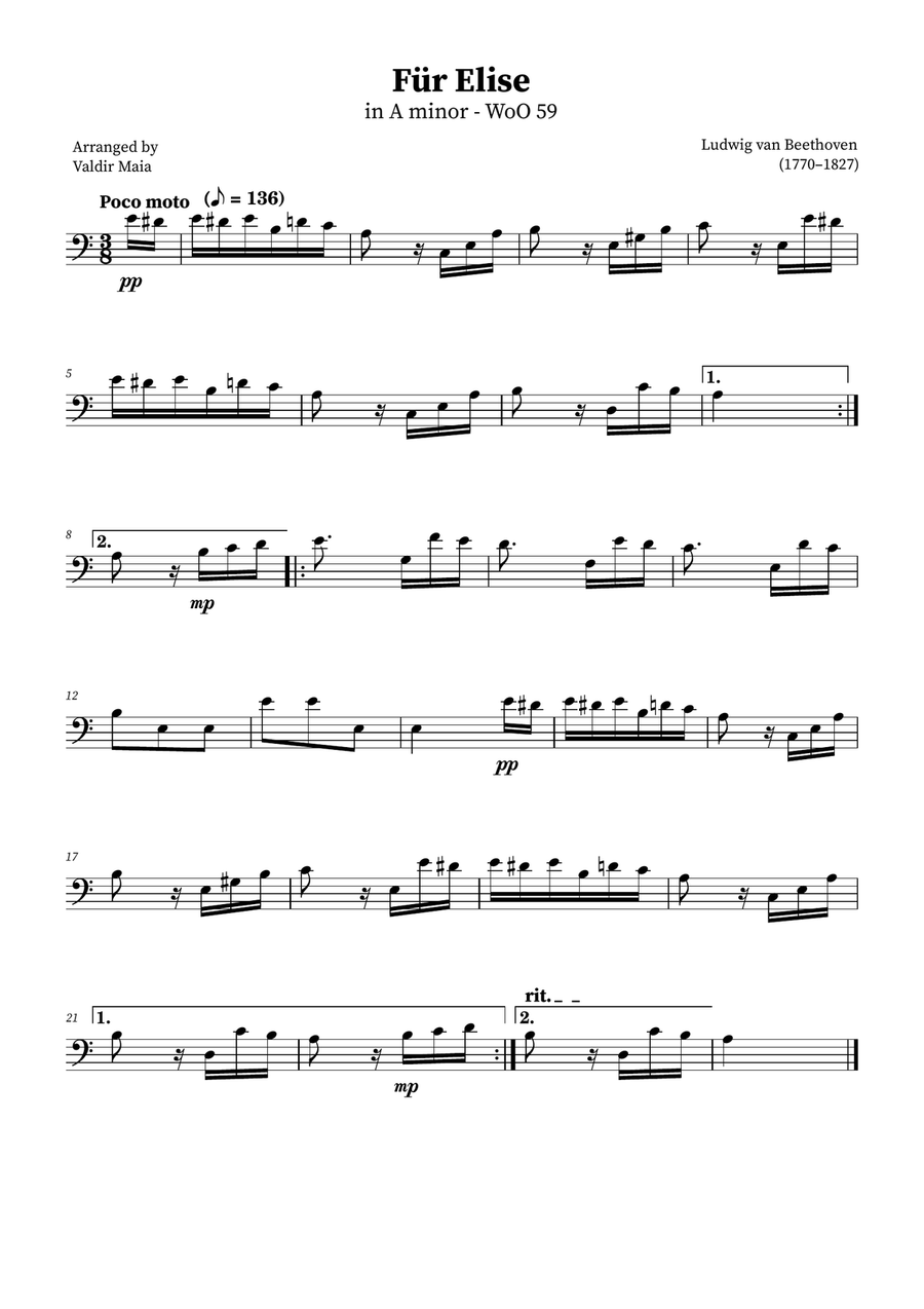 Fur Elise | BASS CLEF by Ludwig van Beethoven - Easy Piano, C ...