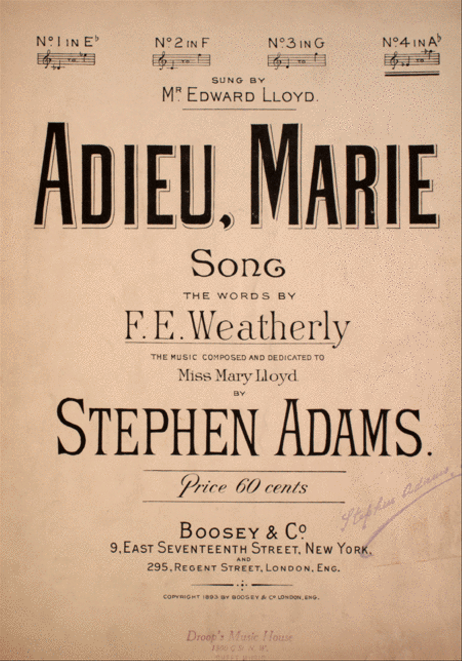 Adieu, Marie. Song by Stephen Adams - Piano, Voice - Digital Sheet ...