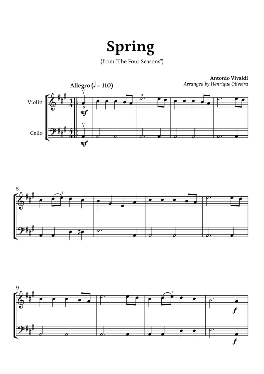Spring from "The Four Seasons" (Violin and Cello) - Beginner Level by ...