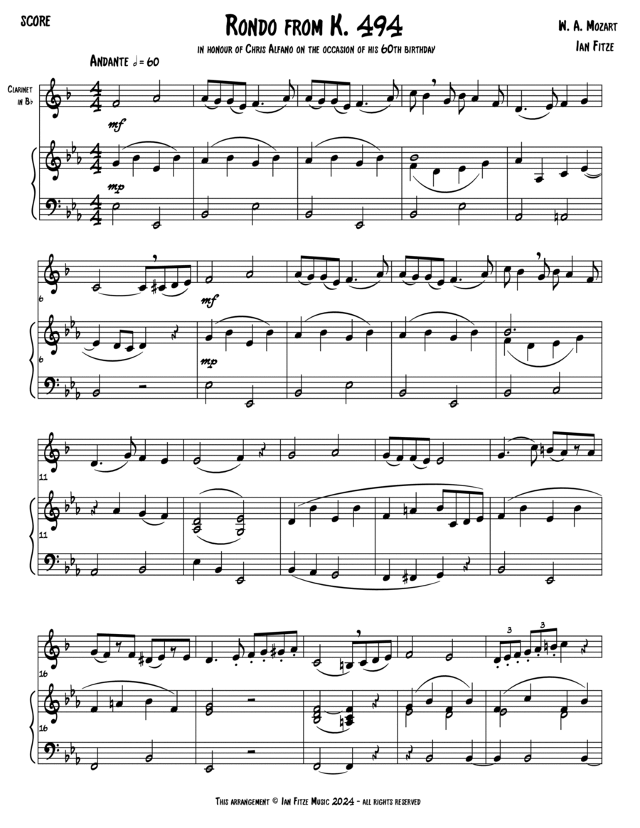 Rondo from K.494 by Wolfgang Amadeus Mozart - B-Flat Clarinet, Piano ...