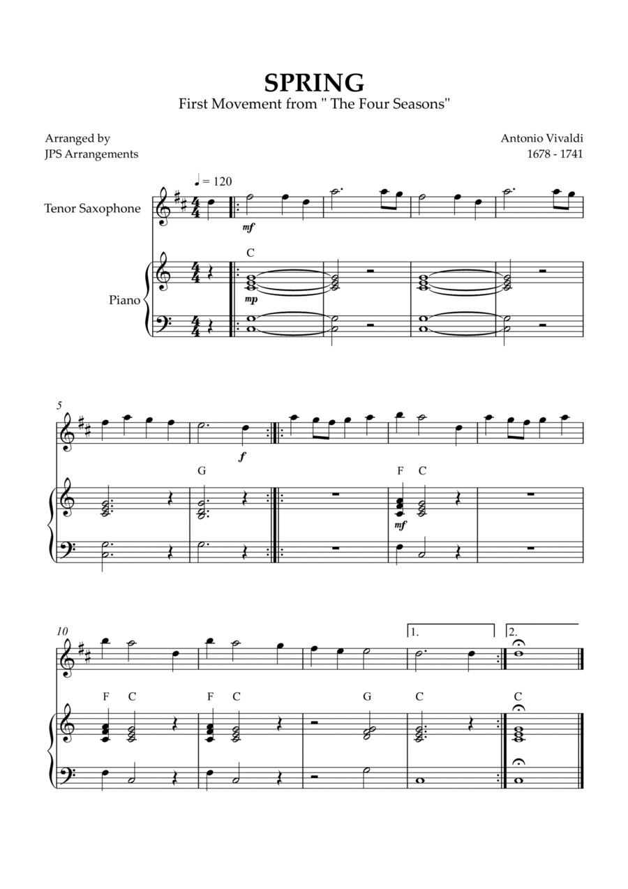 Spring - The Four Seasons for Tenor Sax and Piano (C Major with chords ...