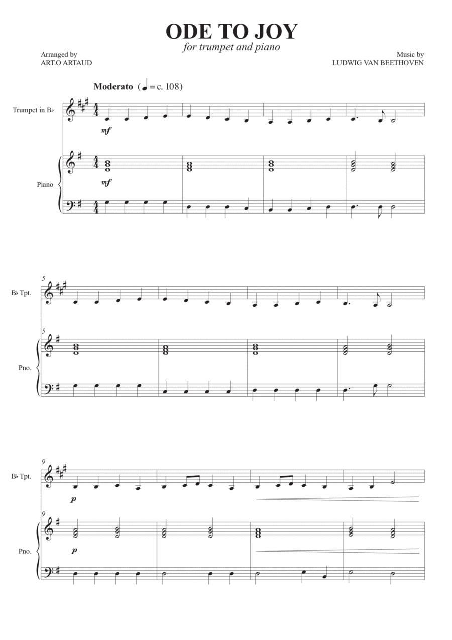 Ode to Joy by Ludwig van Beethoven - Piano, B-Flat Trumpet, Trumpet ...