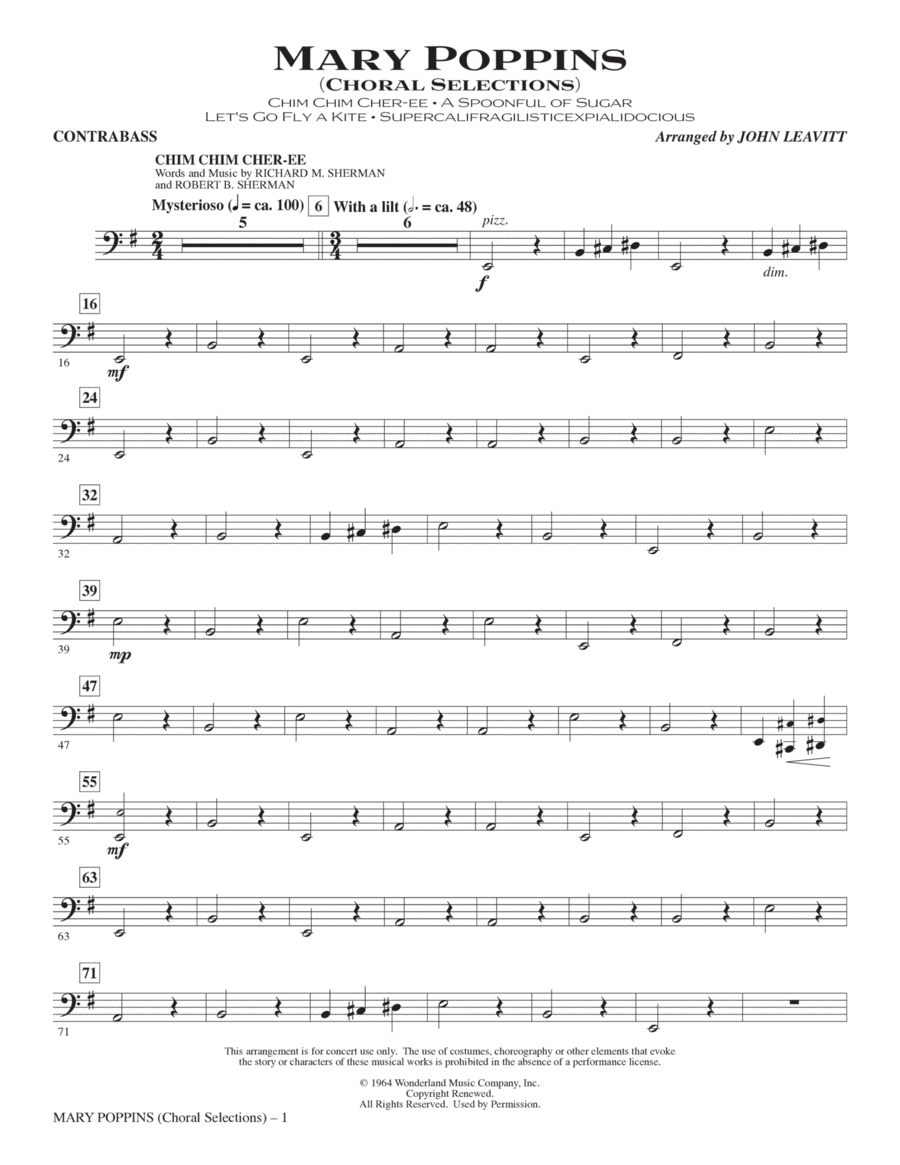 Mary Poppins Choral Selections Arr John Leavitt Contrabass By
