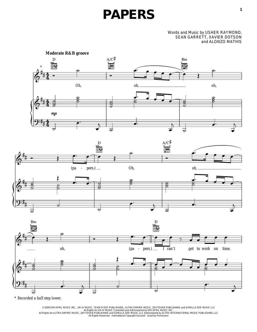 Papers by Usher - Piano, Vocal, Guitar - Digital Sheet Music | Sheet ...