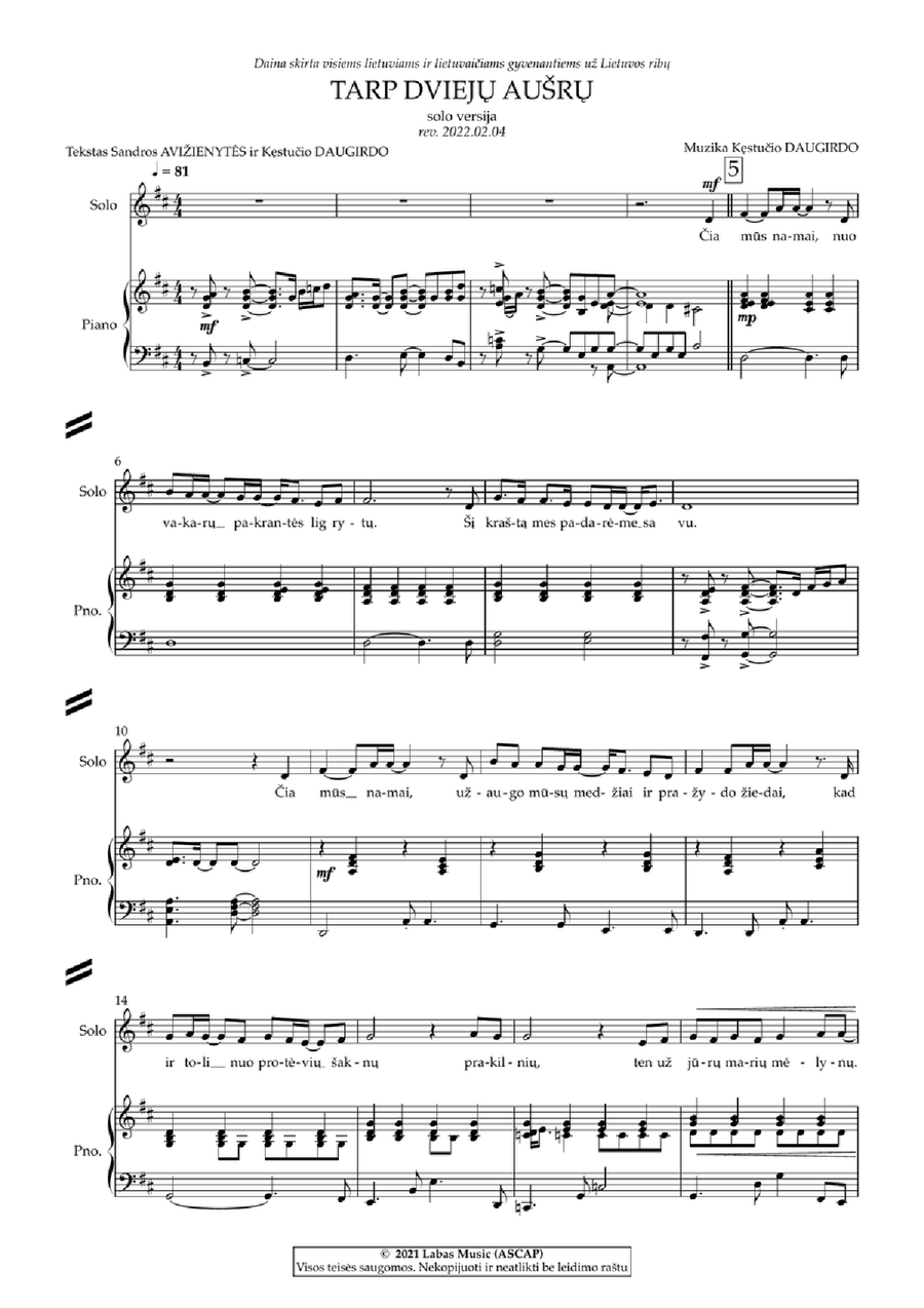 Tarp dviejų aušrų - Voice, Piano, Vocal - Intermediate Digital Sheet ...