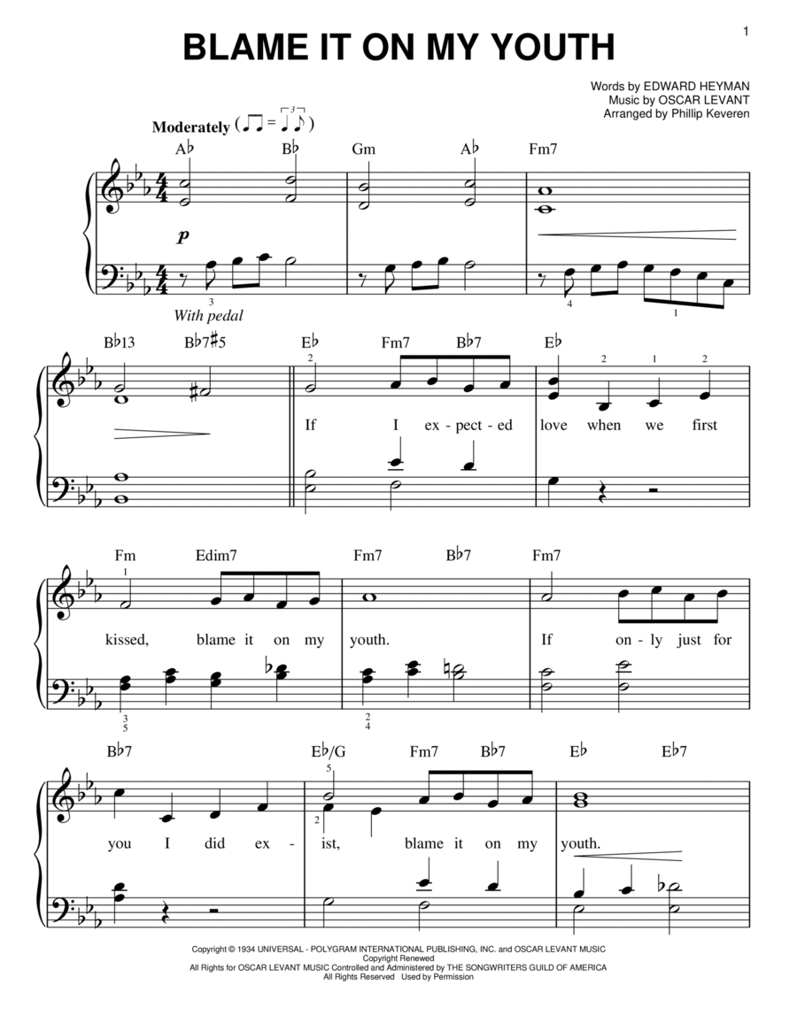 Blame It On My Youth (arr. Phillip Keveren) by Connie Francis - Easy ...