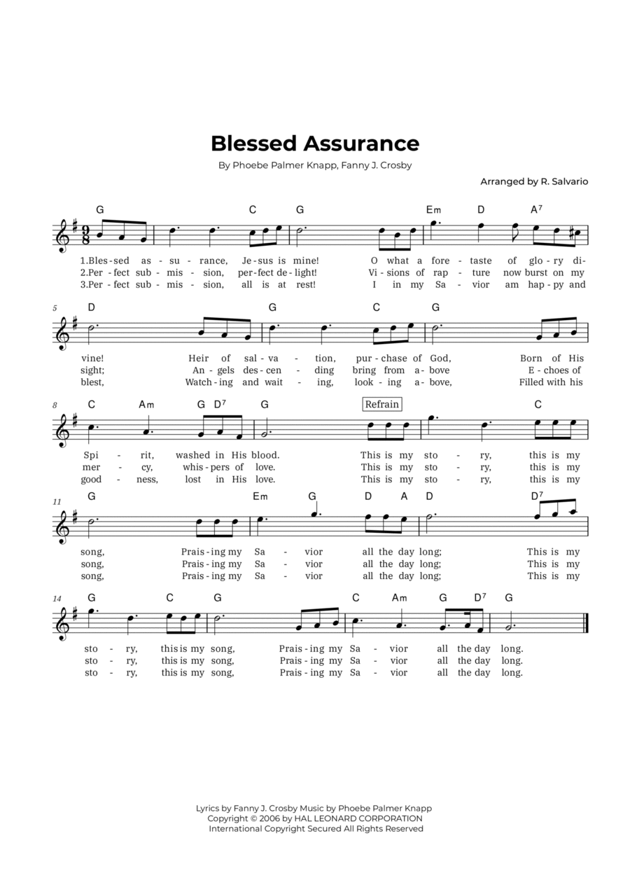 Blessed Assurance Key Of G Major By Fanny J Crosby Easy Piano