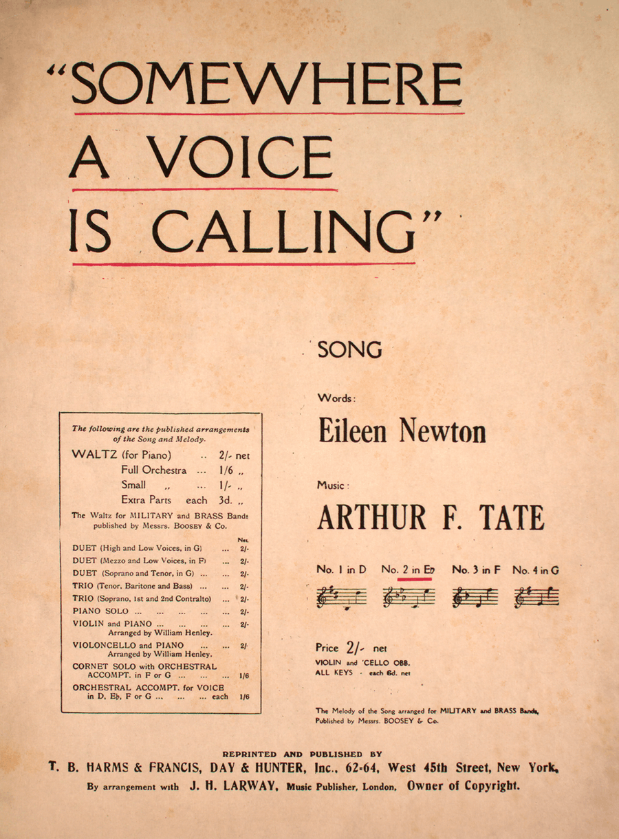 Somewhere a Voice is Calling. Song - Piano, Voice - Digital Sheet Music ...