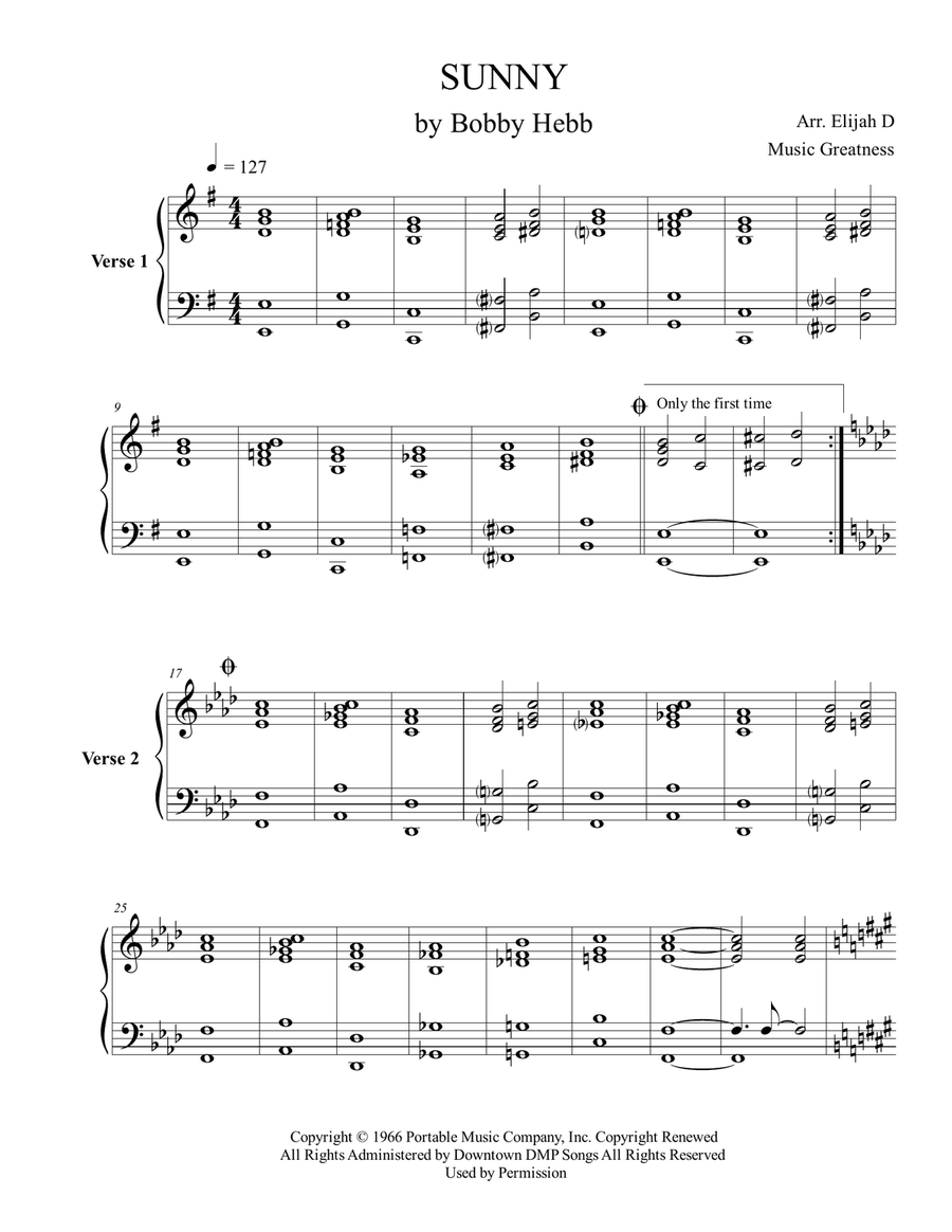Sunny by Bobby Hebb - Piano Solo - Early Intermediate Digital Sheet ...