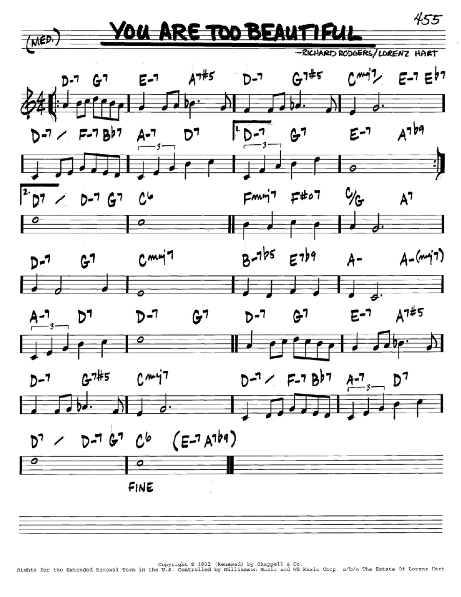 You Are Too Beautiful By Rodgers And Hart Piano Digital Sheet Music