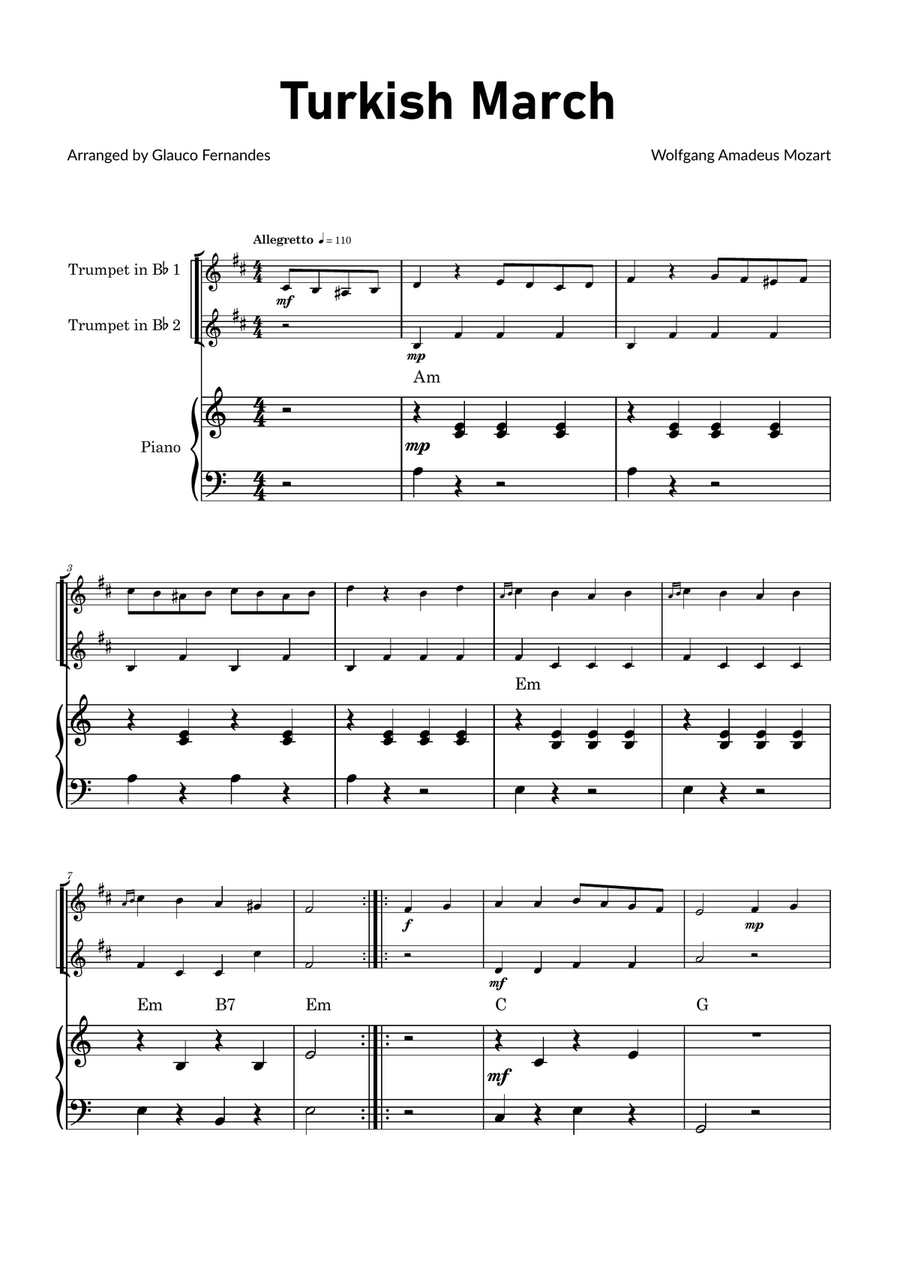 Turkish March by Mozart - Trumpet Duet with Piano and Chord Notations ...