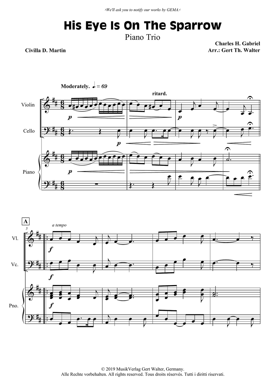 His Eye Is On The Sparrow by Charles H. Gabriel - Piano, Violin, Piano ...