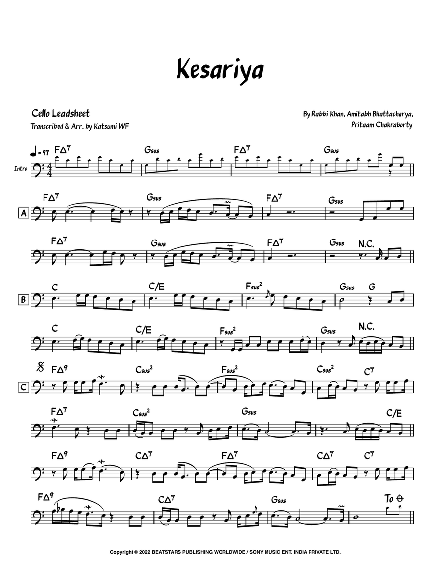 Kesariya - Cello Solo - Digital Sheet Music | Sheet Music Plus