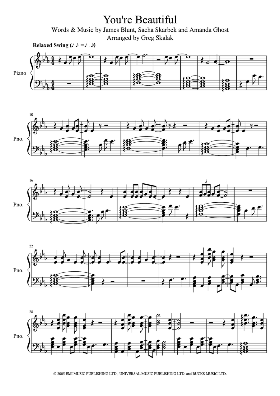 You're Beautiful by James Blunt - Piano Solo - Intermediate Digital ...